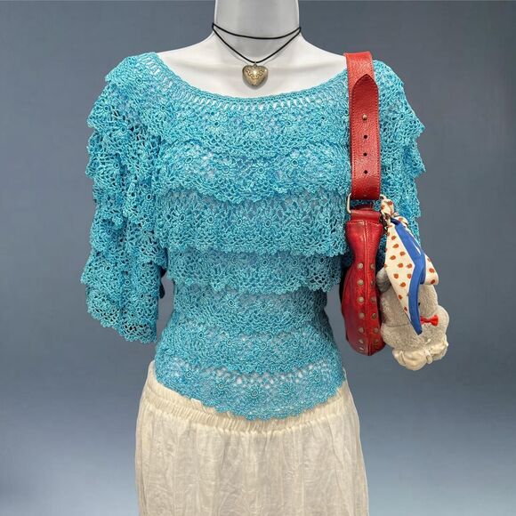 Ania A | Tops | 0 Silk Y2k Crochet Lace Top Turquoise Boho Festival ...
